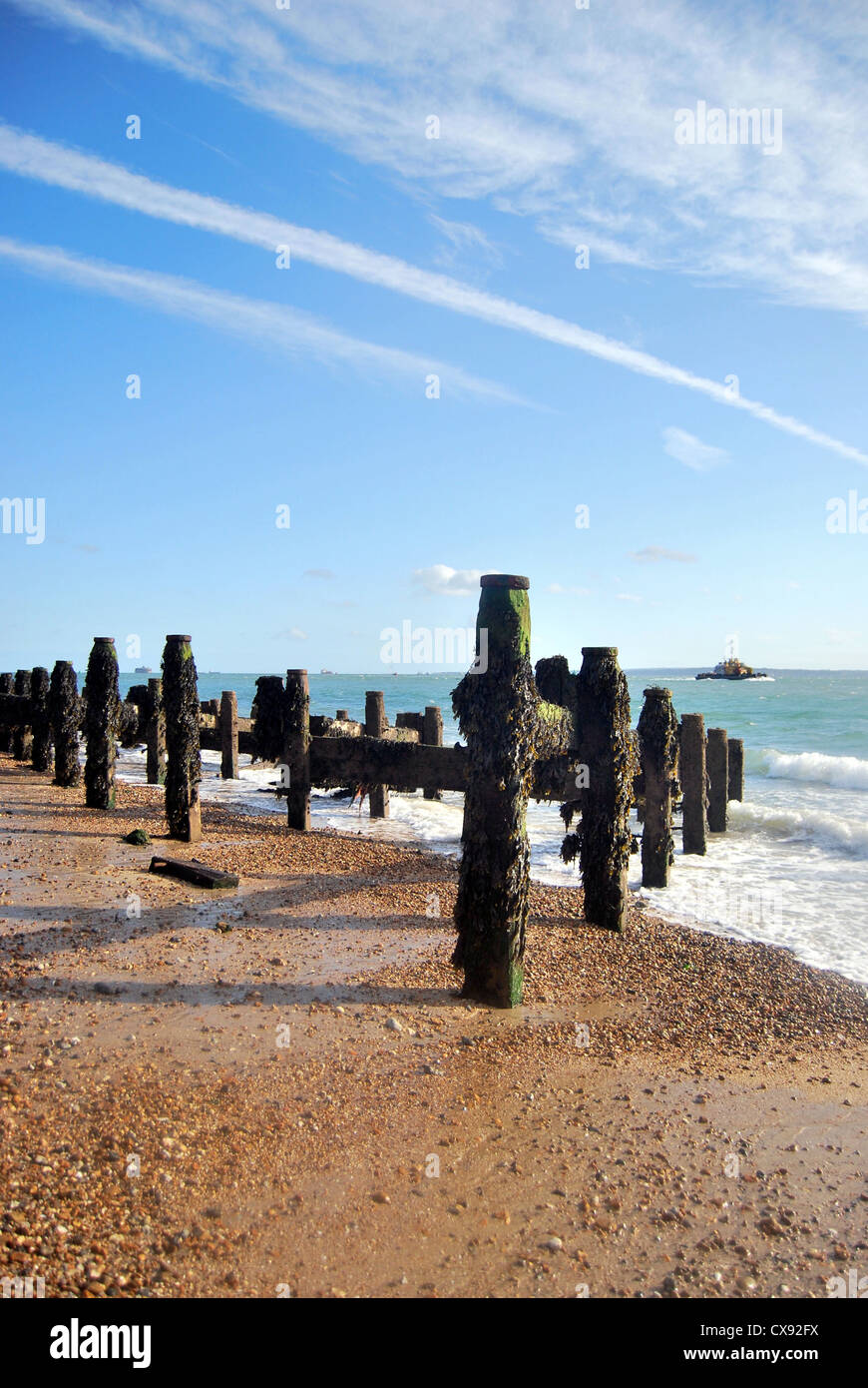 Wave brake sea defence on Southsea beach in Hampshire with blue sky ... Wave brake sea defence on Southsea beach in Hampshire with blue sky ...