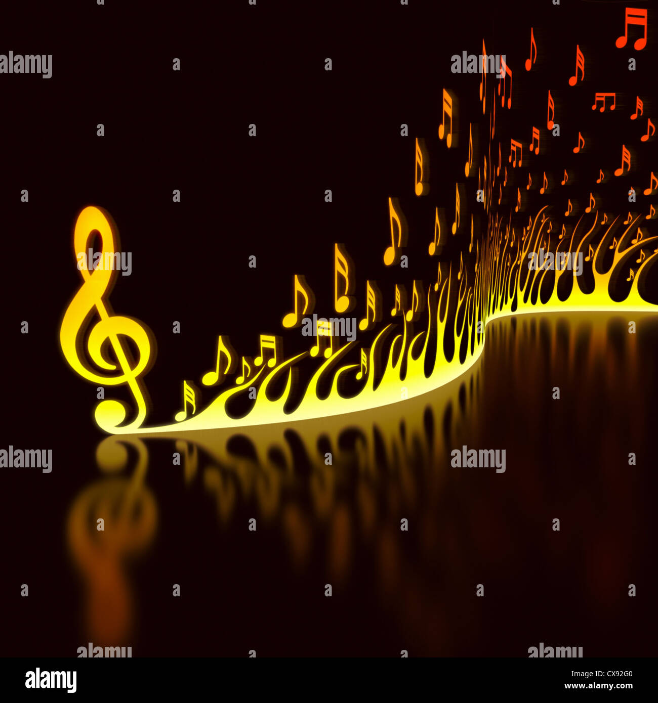 Flame of musical notes on the reflective floor Stock Photo - Alamy