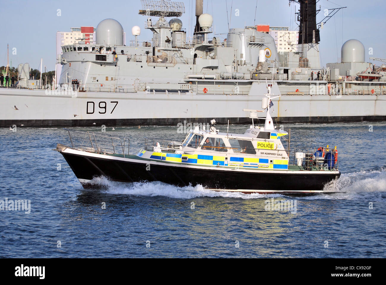 The UK Ministry of Defence police boat "Sir Humphrey Gale" escorts the ...