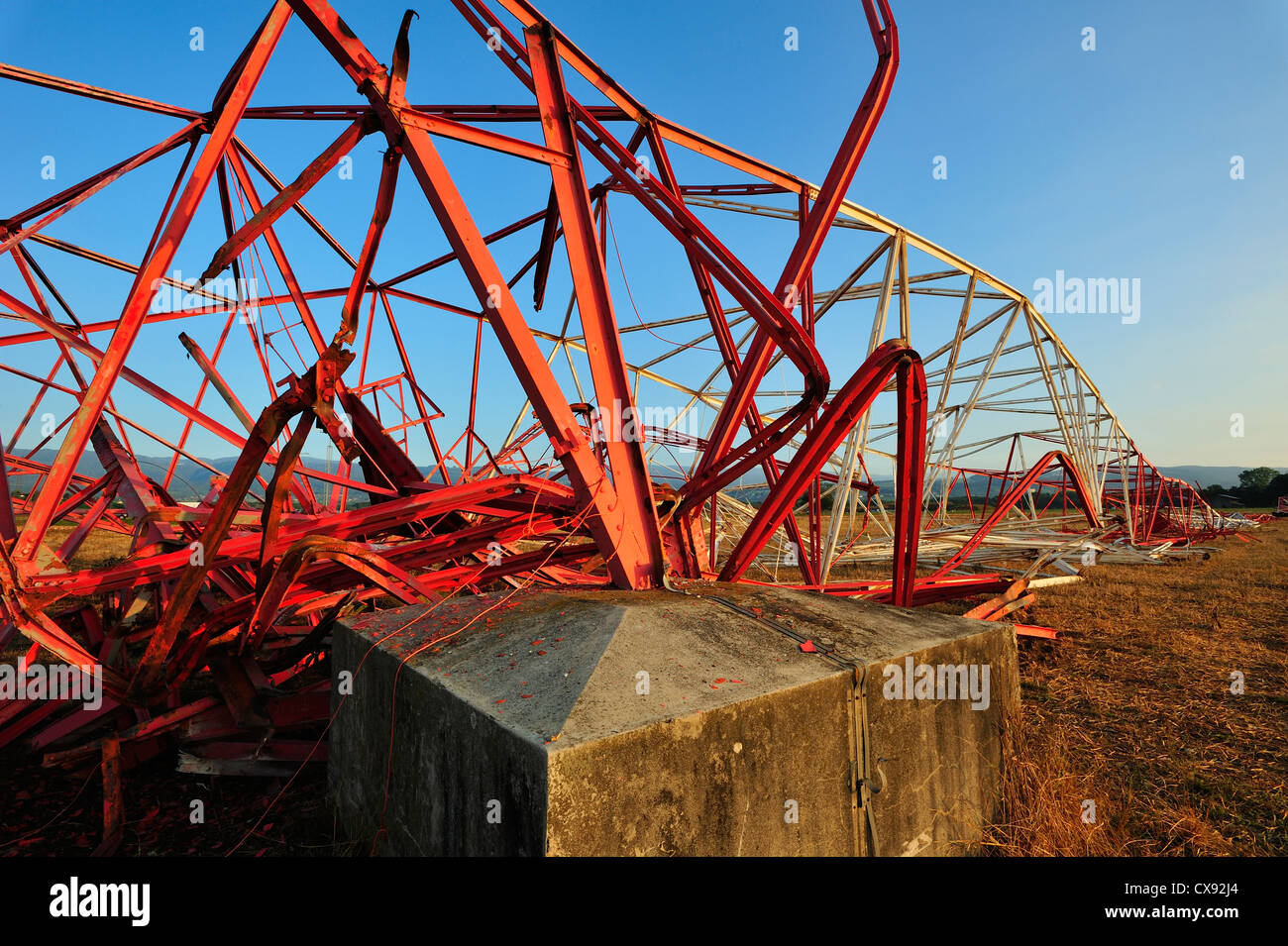 Fallen radio mast. The remains of a radio mast after demolition Stock ...
