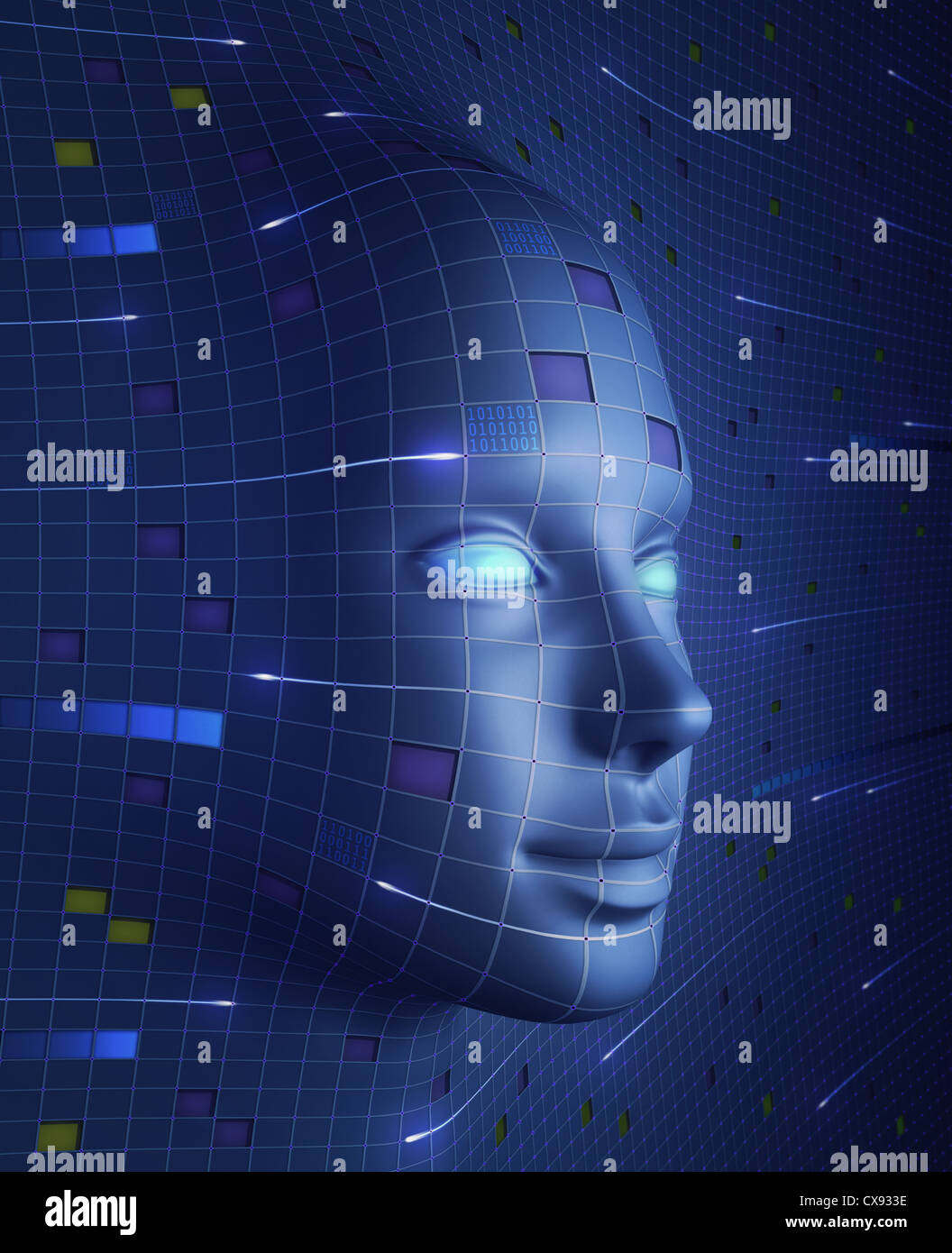 Human face with symbols and draws that represent the technology in ...