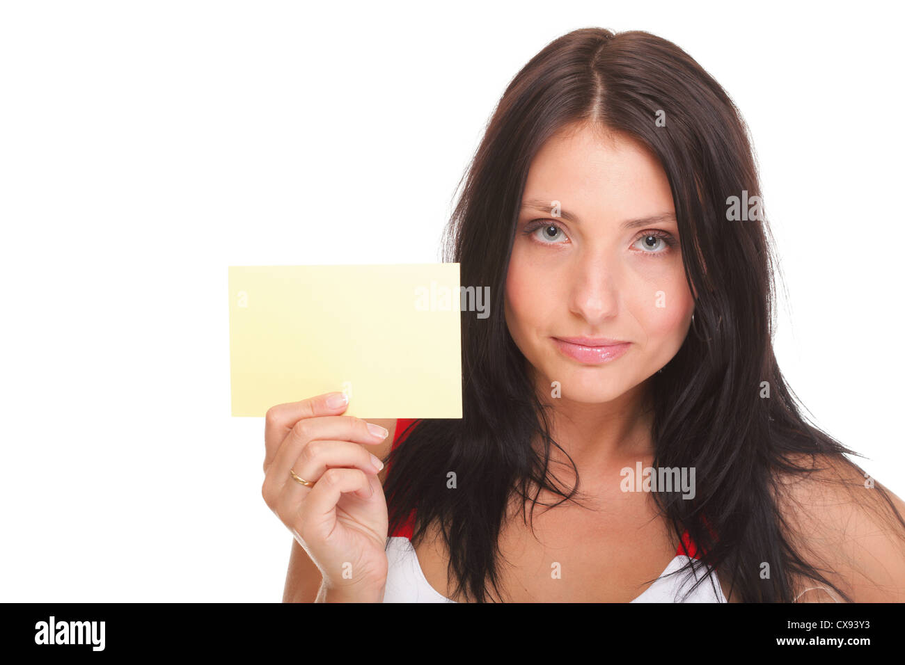 Gift card. Excited woman showing empty blank paper card sign female ...