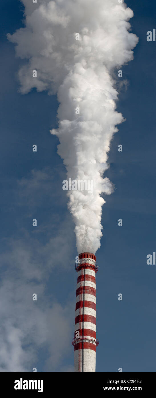 Smoking gas power plant stack closeup, vertical panorama Stock Photo ...