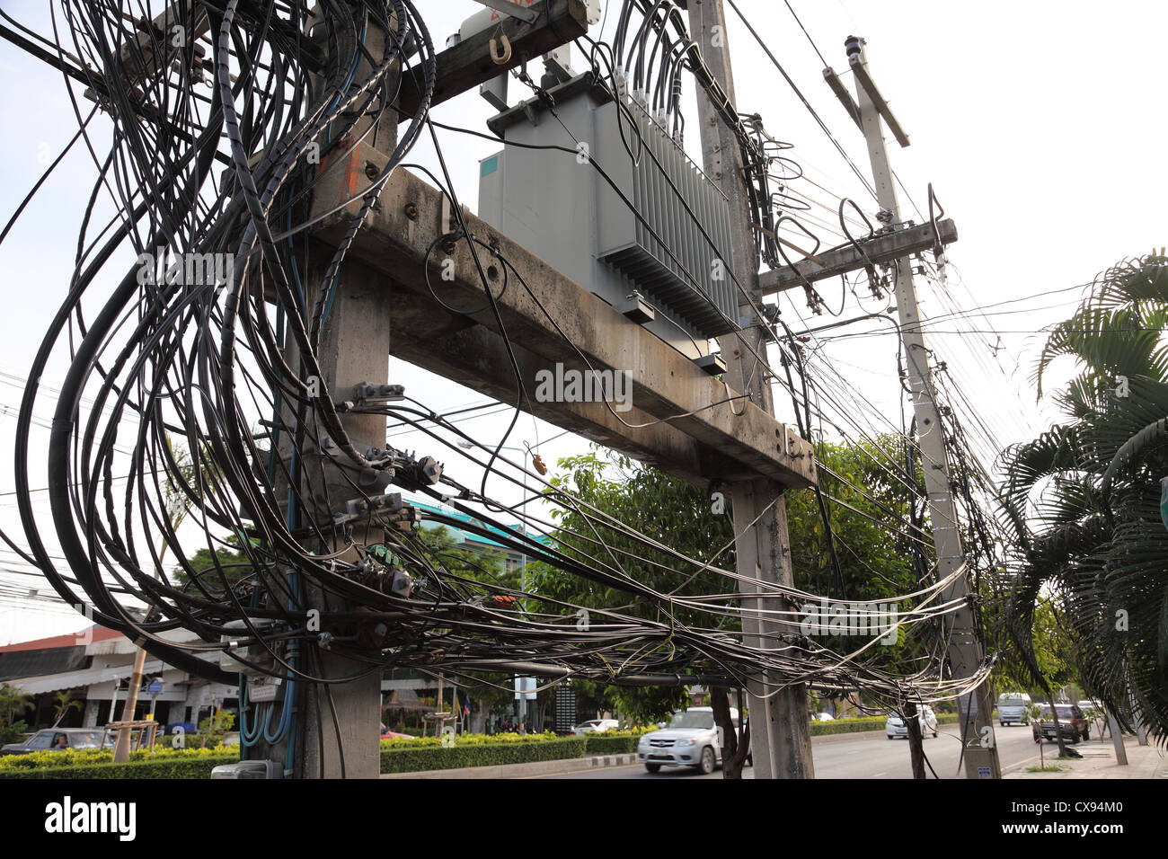 Electrical transformer and tangle of head-level cables on a roadside in ...