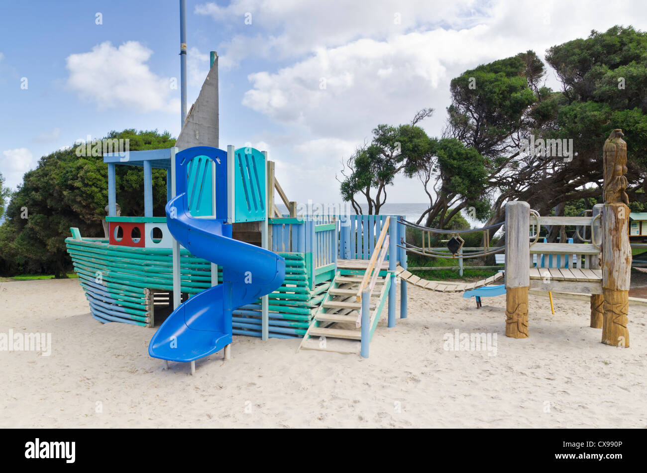 Empty children's playground in a nautical boat theme by the sea in ...