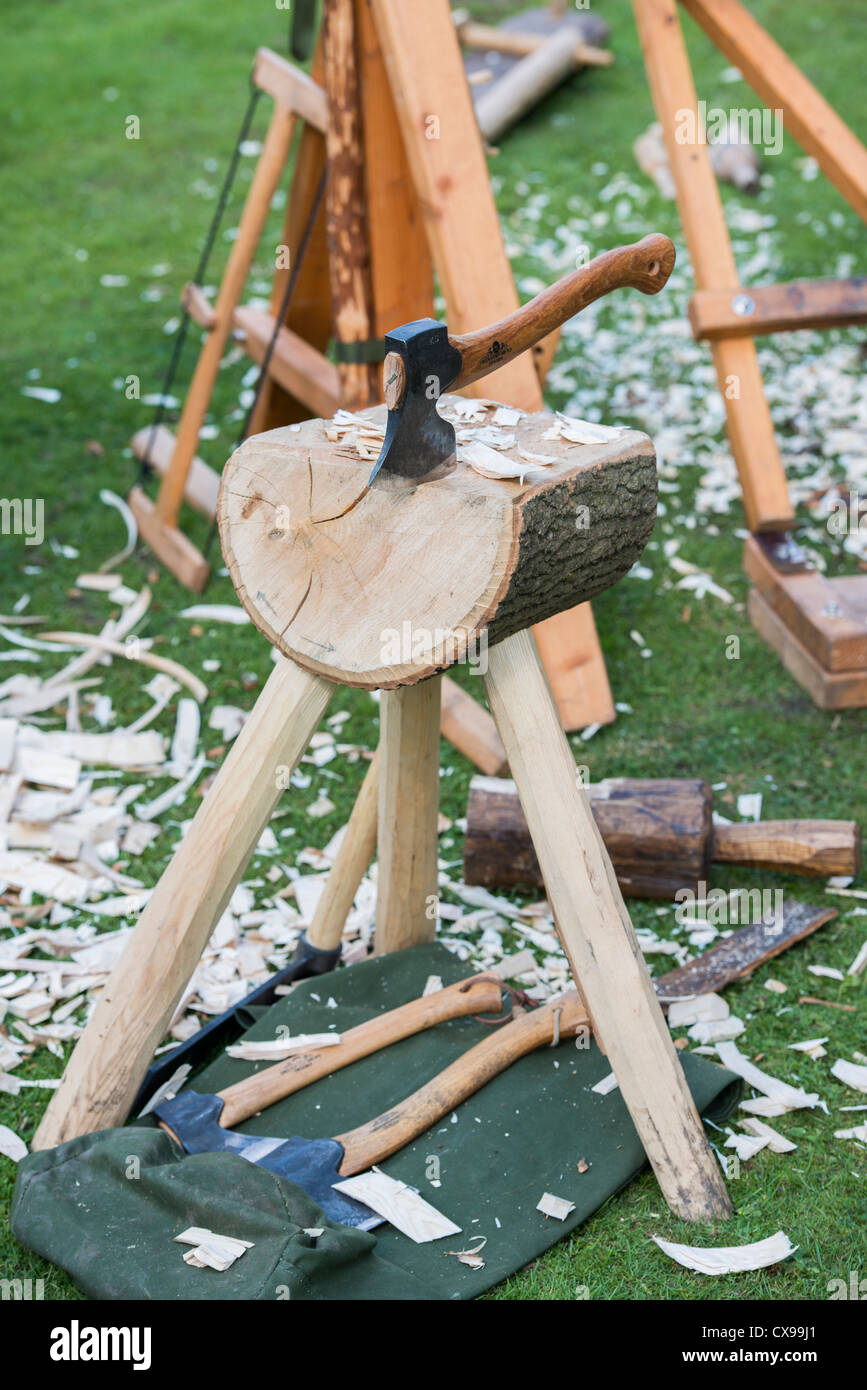 An axe in chopping block as seen at Derbyshire Woodlands Festival ...