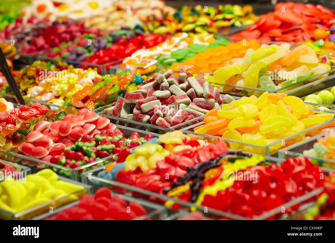 Marmalade candies store at the La Boqueria market in Barcelona. Shallow ...