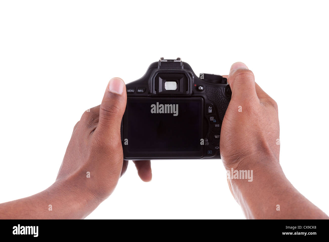 African american photographer holding a digital camera, isolated on ...