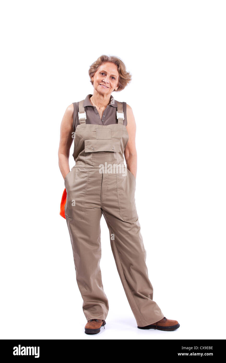 Happy senior woman casual housework clothes (isolated on white Stock ...