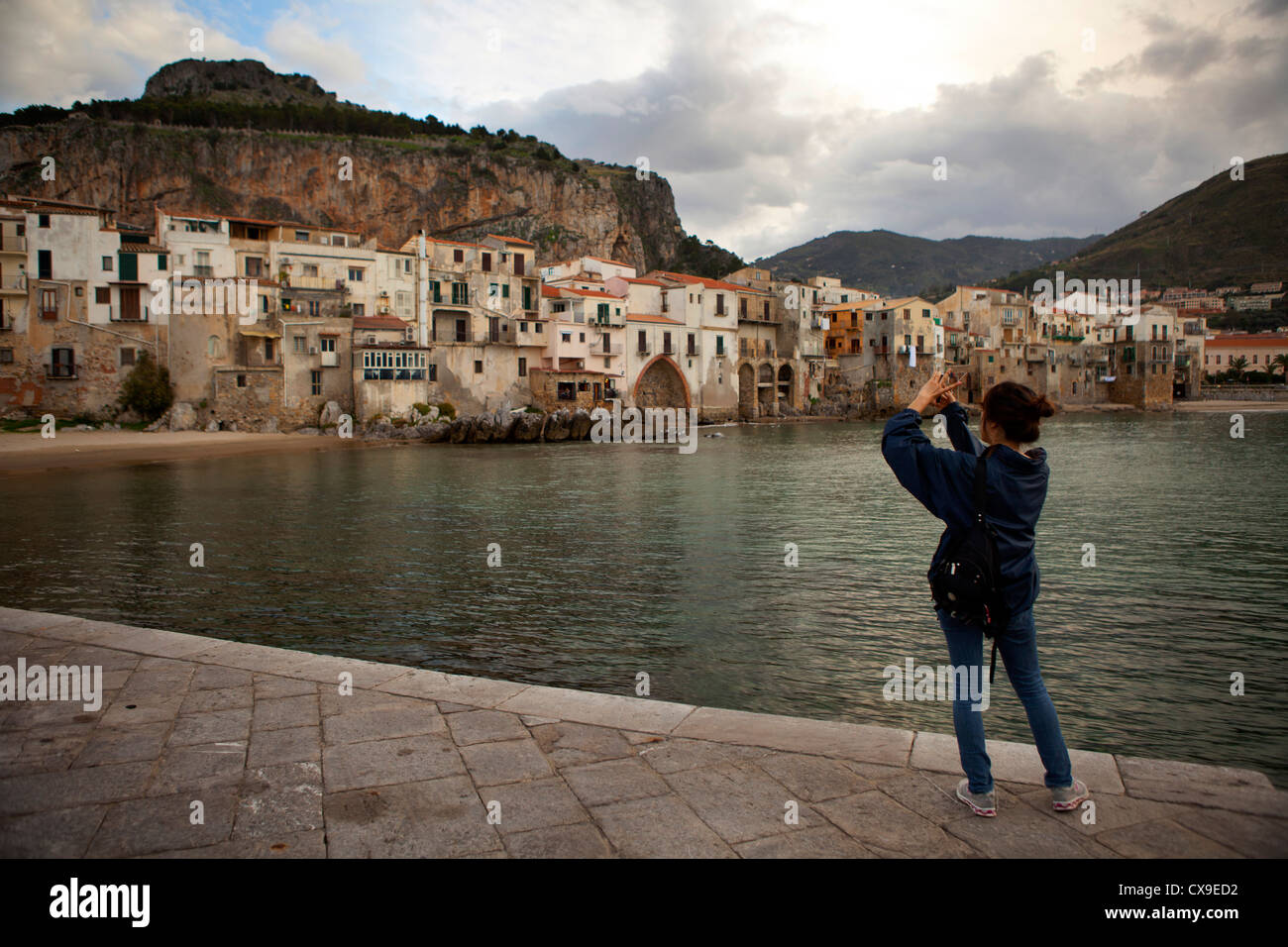 Ocean view with Cefalu old town, Sicily, Italy Stock Photo - Alamy