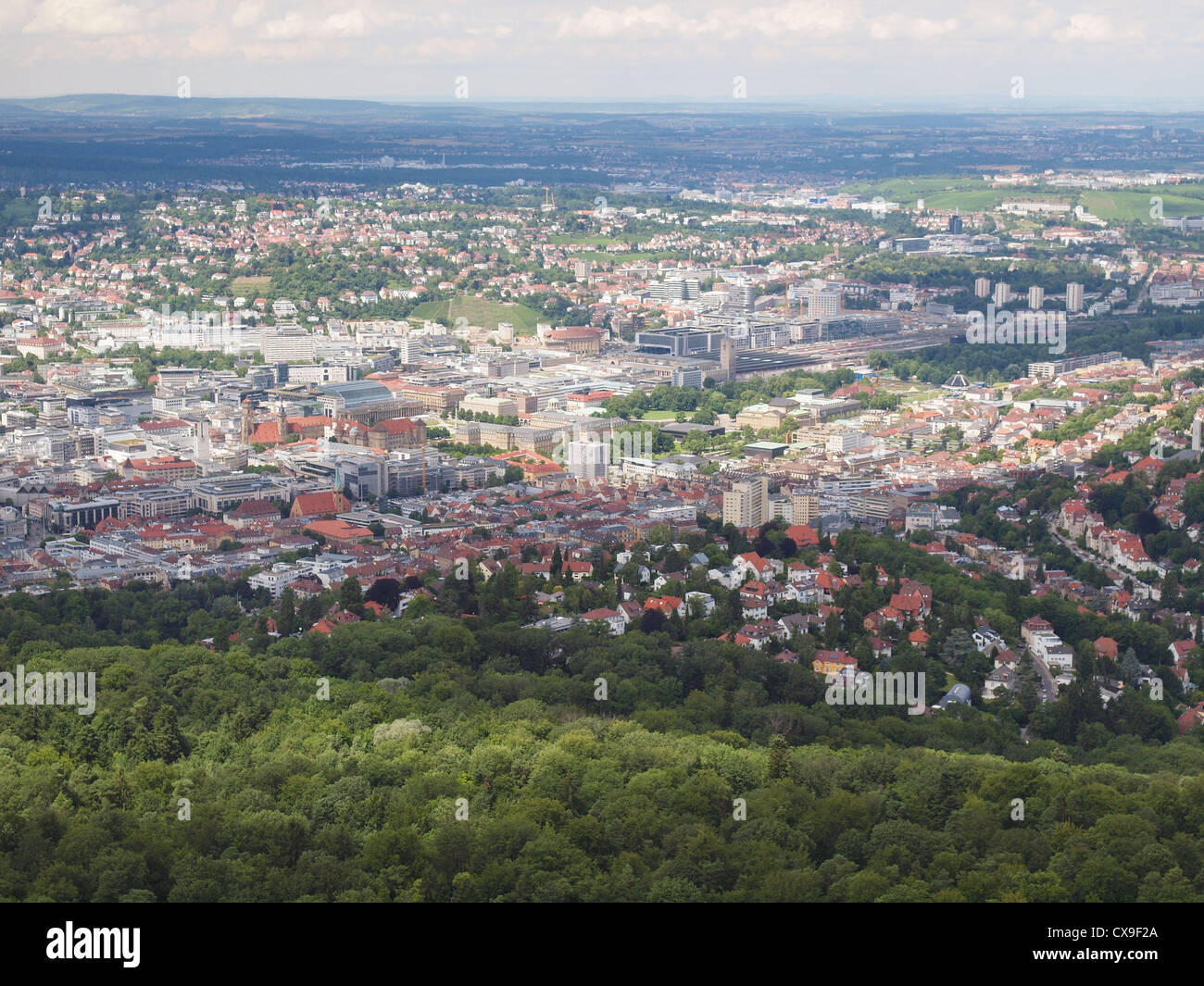 Aerial view of the city of Stuttgart in Germany seen form the ...