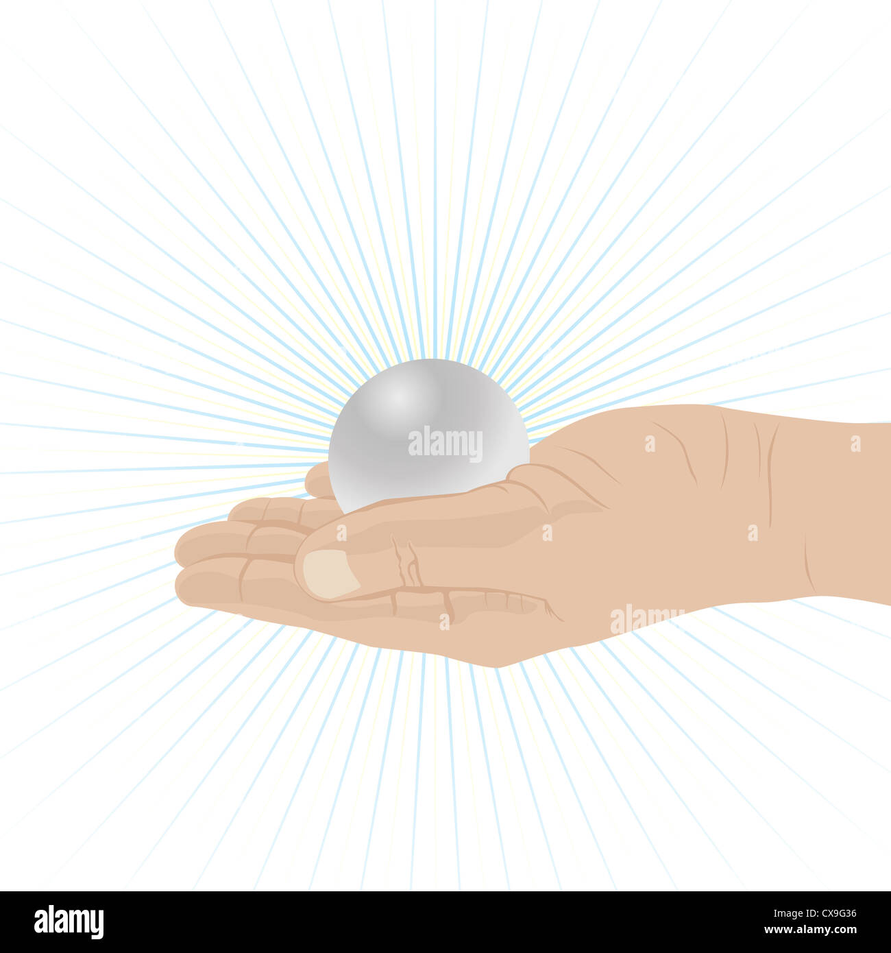 The human hand and a shiny pearl. Illustration on white background ...