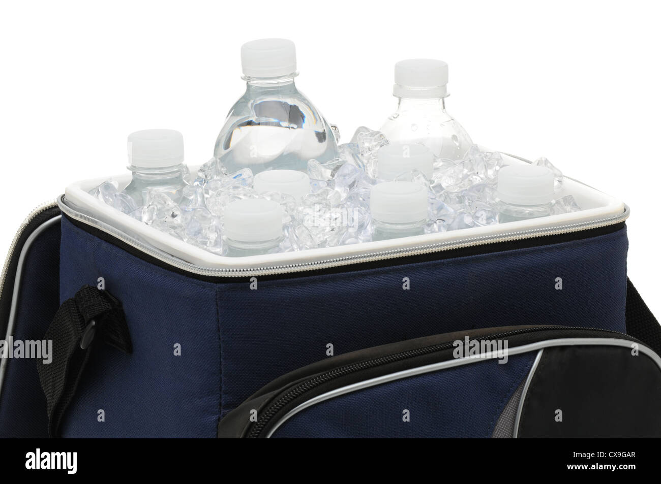 Water bottles in a soft sided cooler or ice chest. Close up in ...
