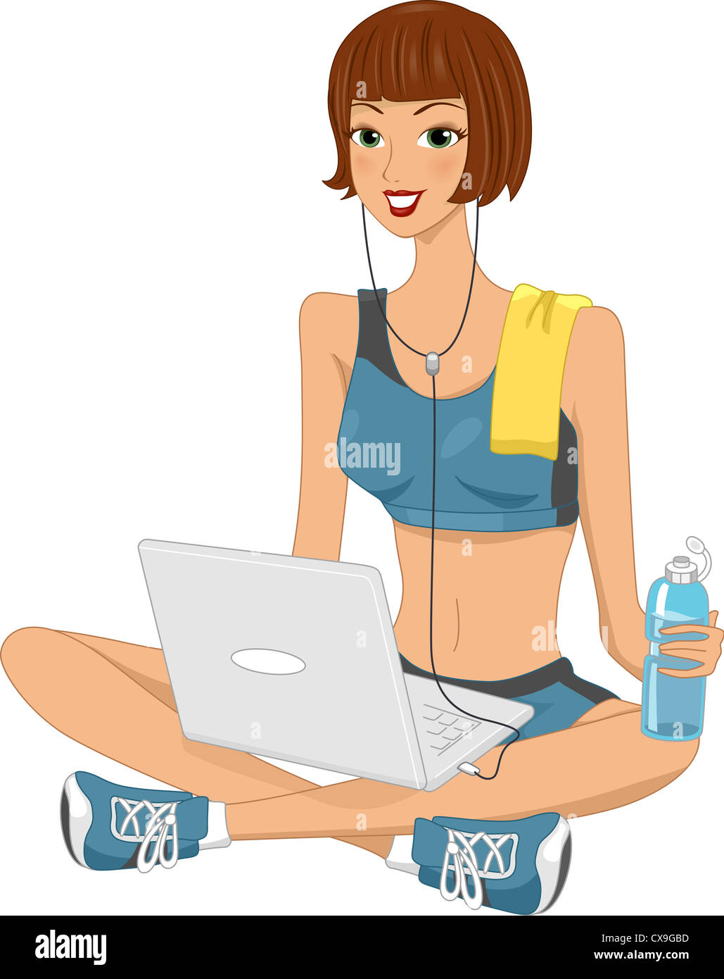 Illustration of a Woman Clad in a Sporty Outfit Using a Laptop Stock ...