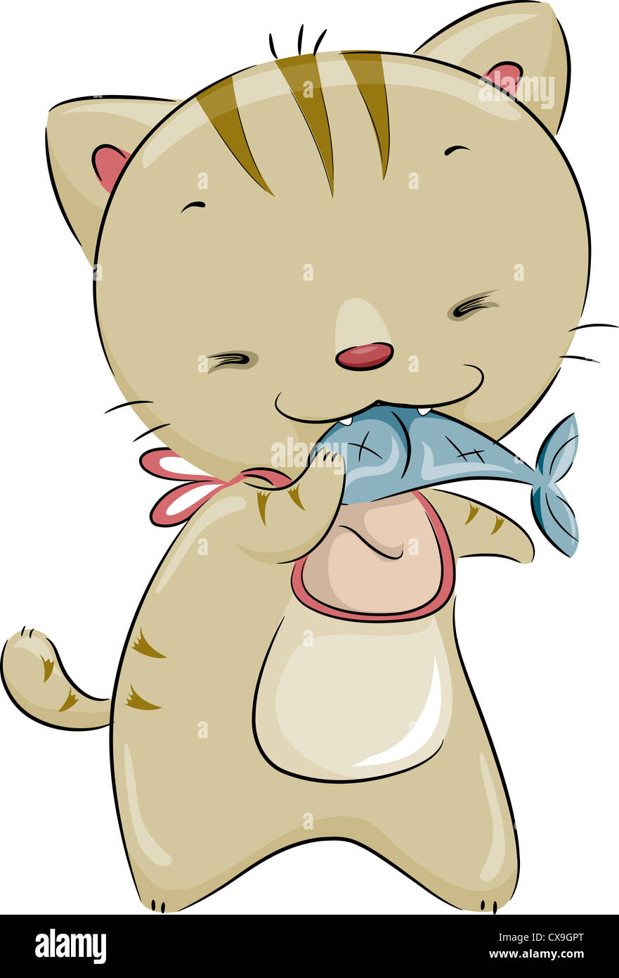 Cat Eating Fish Clipart