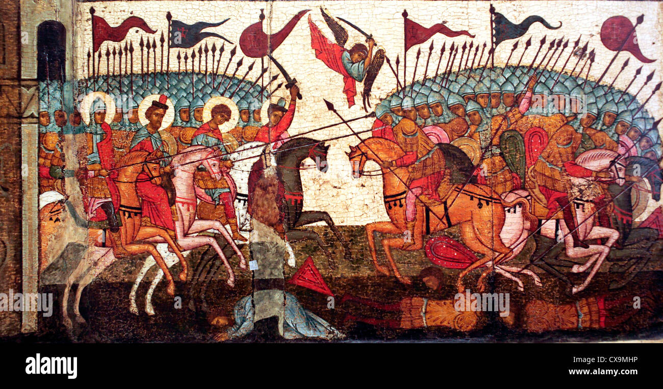 The battle between Novgorod and Suzdal armies (15th century), icon in ...