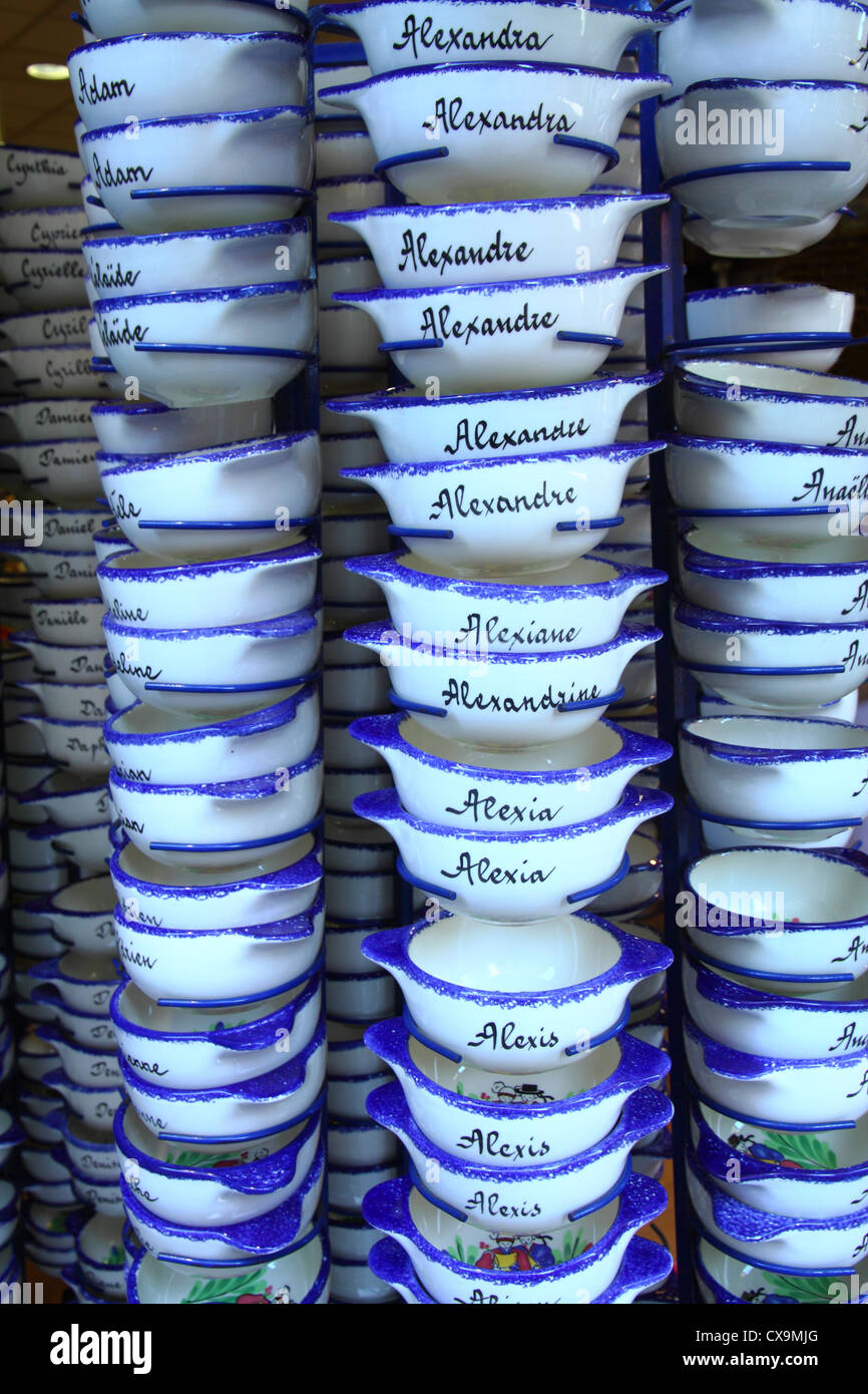 stack of blue & white bowls with names Stock Photo - Alamy