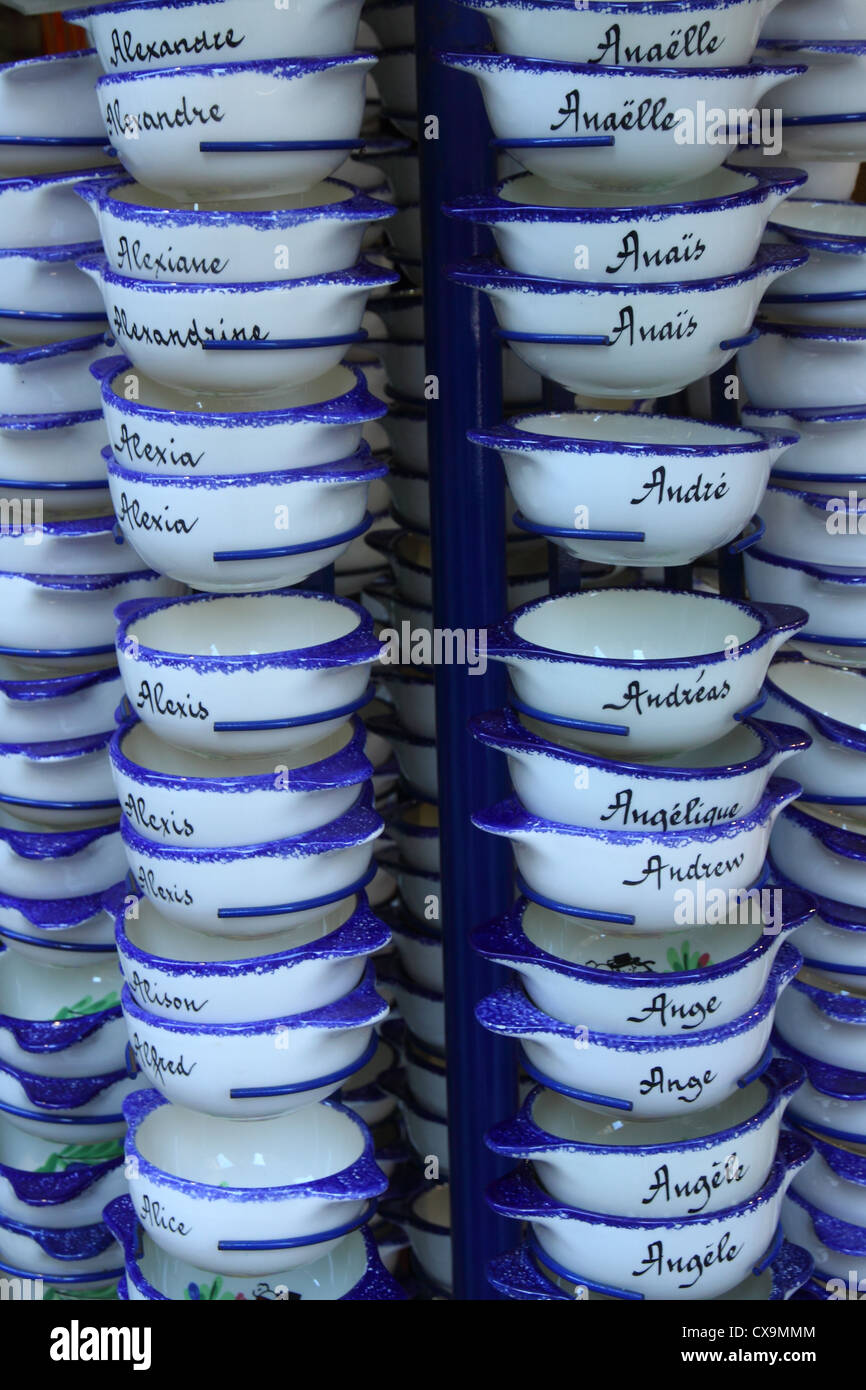 stack of blue & white bowls with names Stock Photo - Alamy