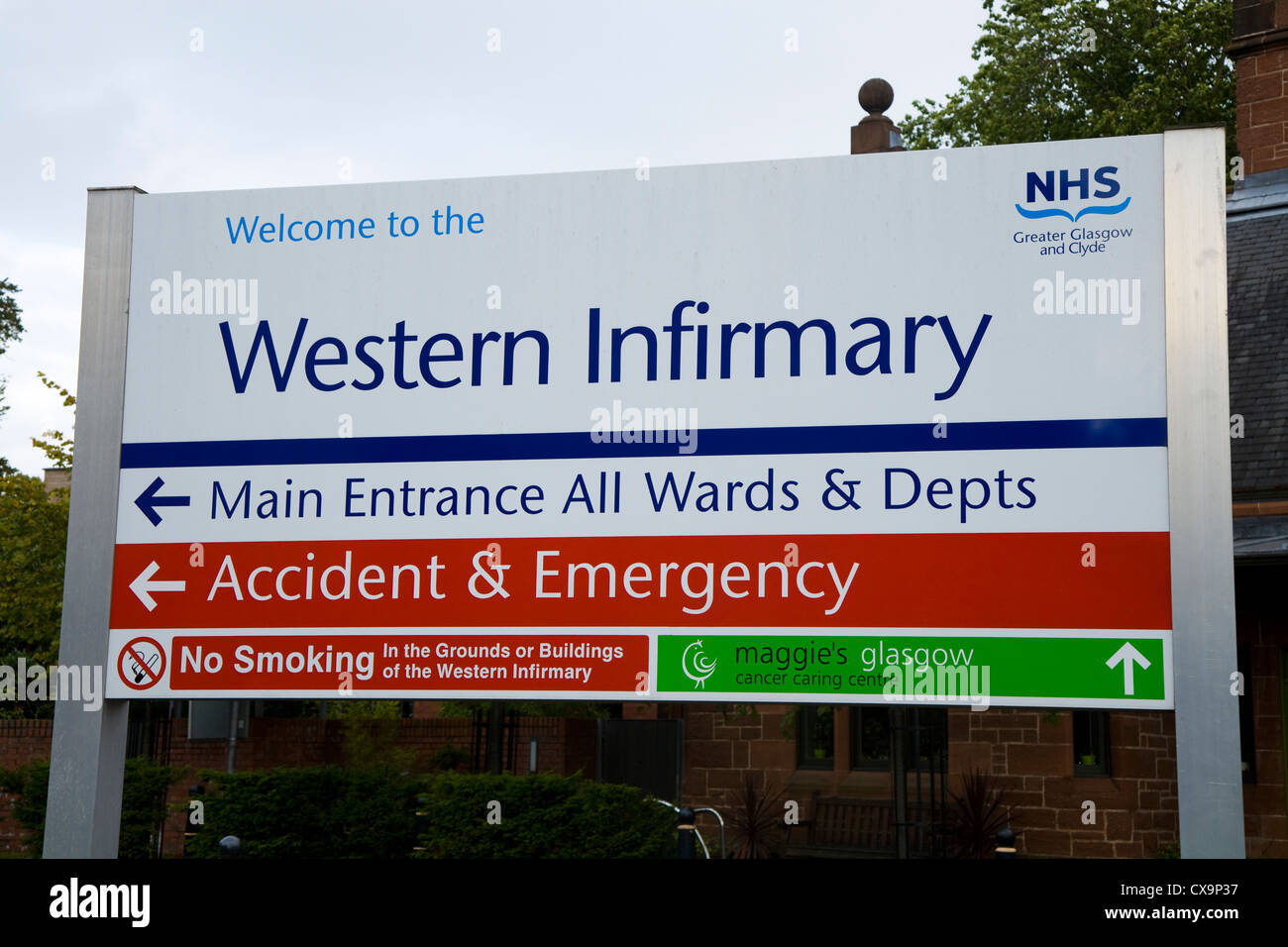 Sign and information signs at the entrance of the Western Infirmary NHS ...