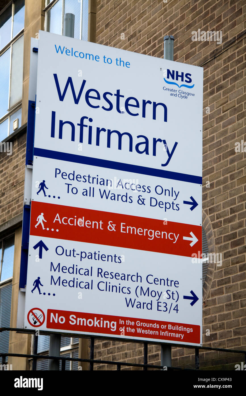 Sign and information signs at the entrance of the Western Infirmary NHS ...