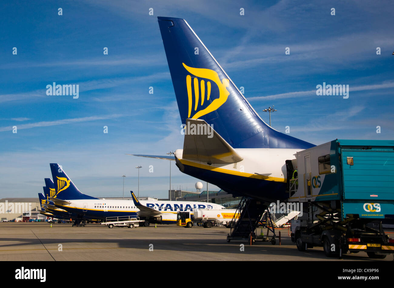 Ryanair aircraft with OCS Ireland cleaning service truck in foreground ...