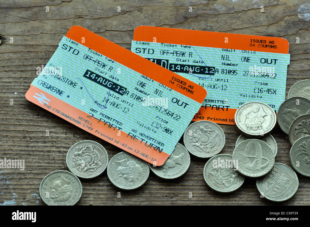 pound coins and rail tickets Stock Photo - Alamy