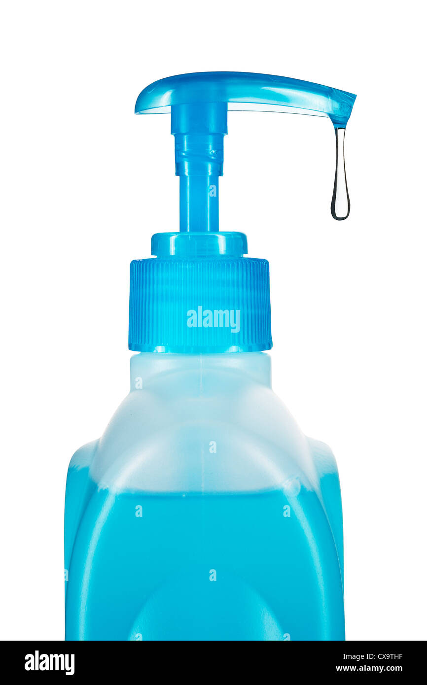 Hand Cleaner Soap Dripping White Background Blue Bottle Stock Photo - Alamy