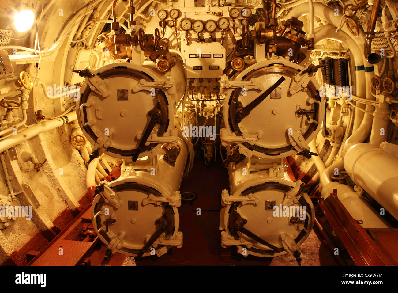 The torpedo tubes onboard the British built Lembit submarine at the ...