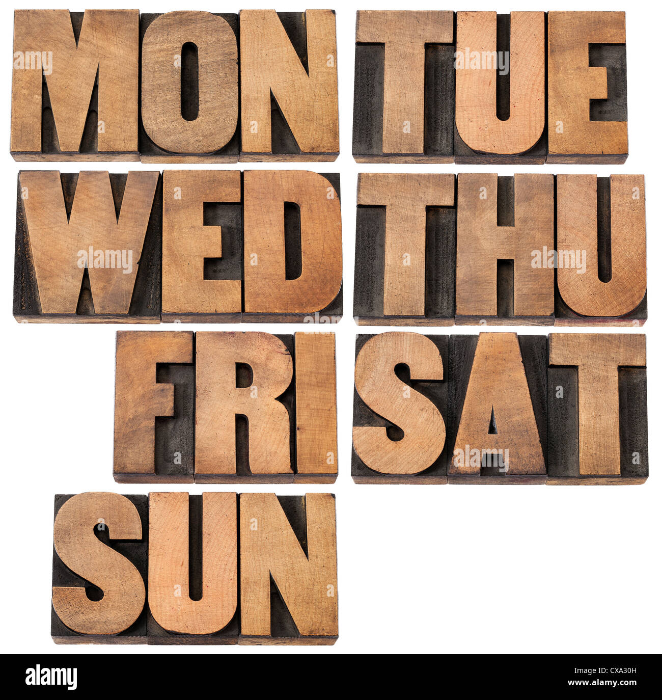 7 days of week (first 3 letter symbols) in isolated vintage wood ...