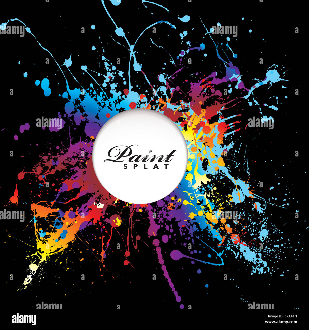 Bright rainbow paint splat with black background and white copy space ...