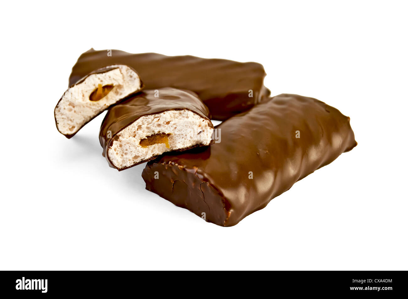 Two whole and two broken rectangular marshmallow with filling isolated ...