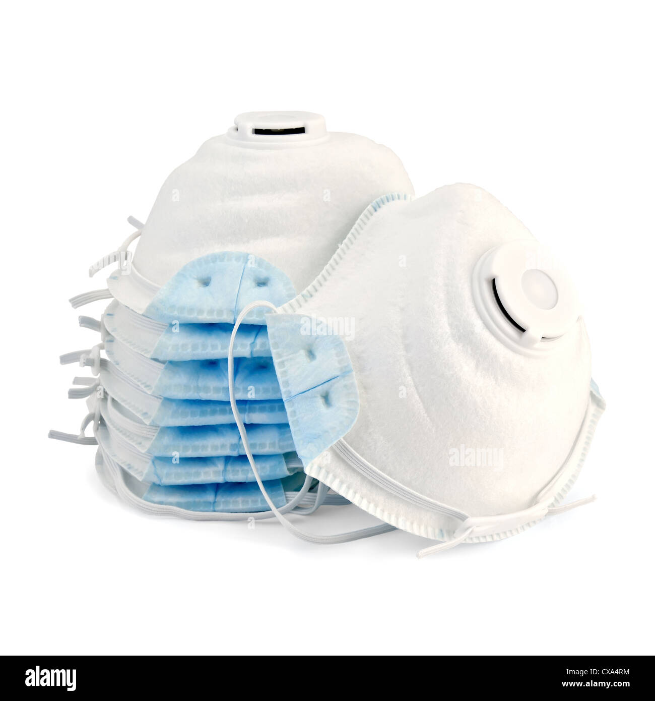 A stack of white with blue detail disposable respirators isolated on ...