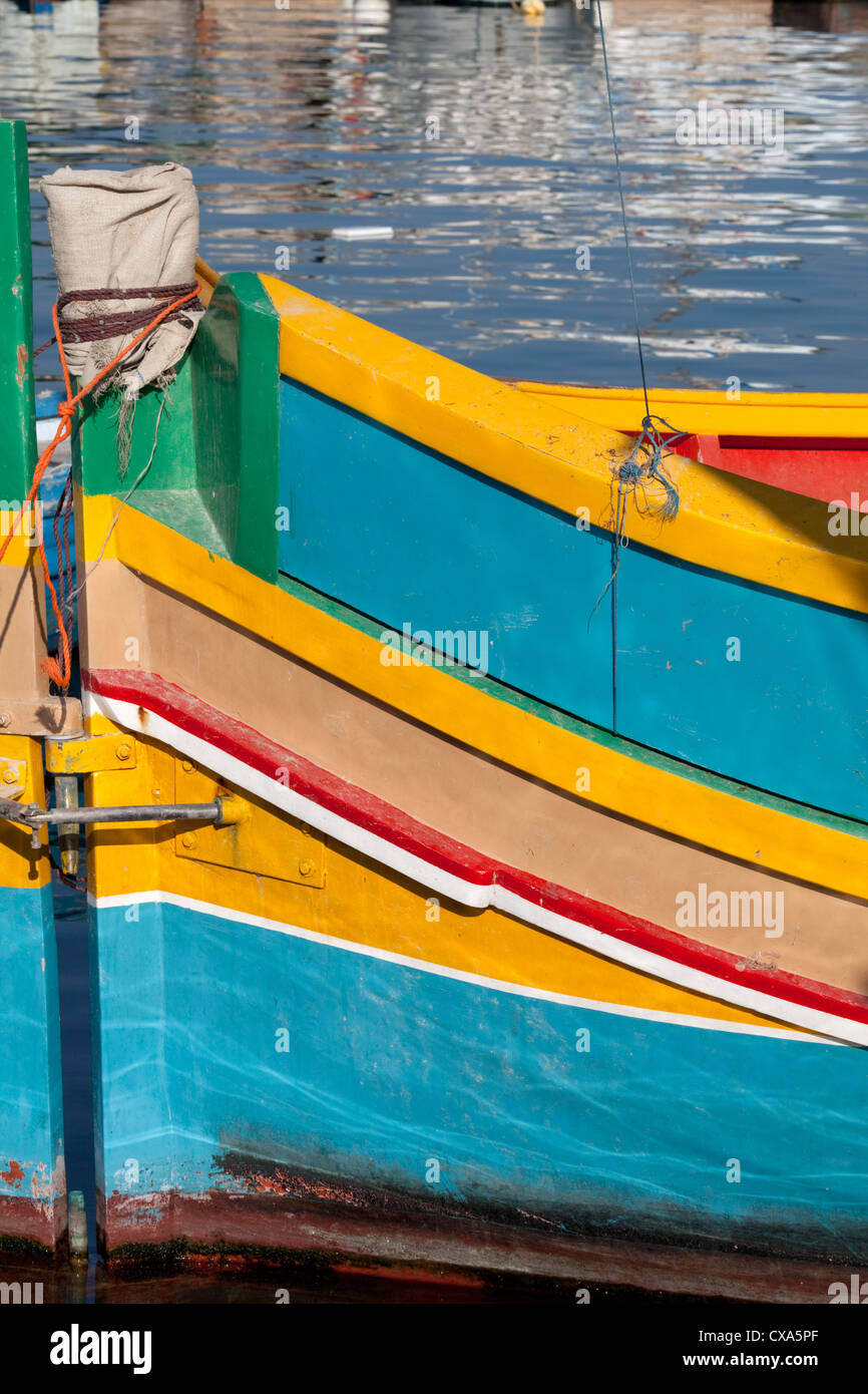 Colourful traditional luzzu fishing boats Marsaxlokk harbour Malta ...
