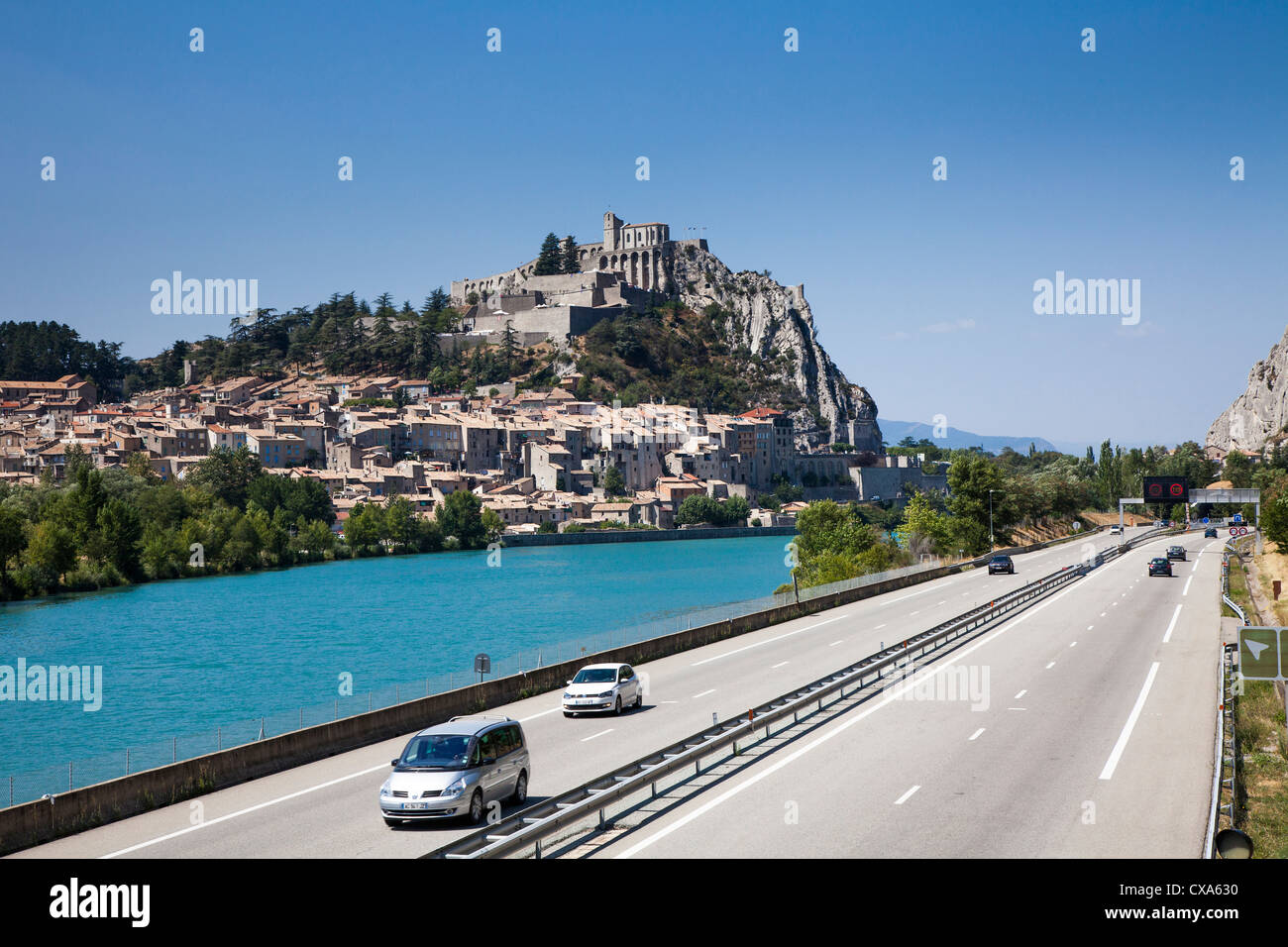 River Durance, French motorway A51 and the city of Sisteron, Provence ...