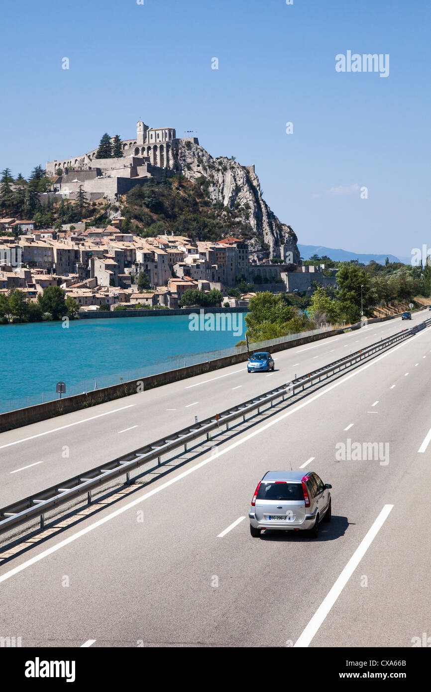River Durance, French motorway A51 and the city of Sisteron, Provence ...