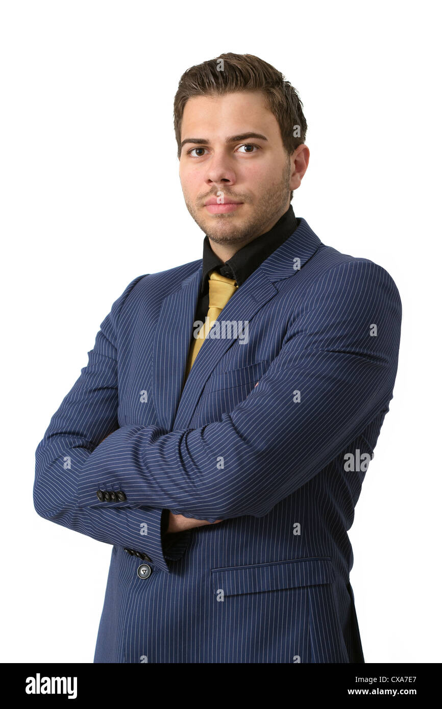 A young strict businessman in a Blue suit with a golden tie Stock Photo ...