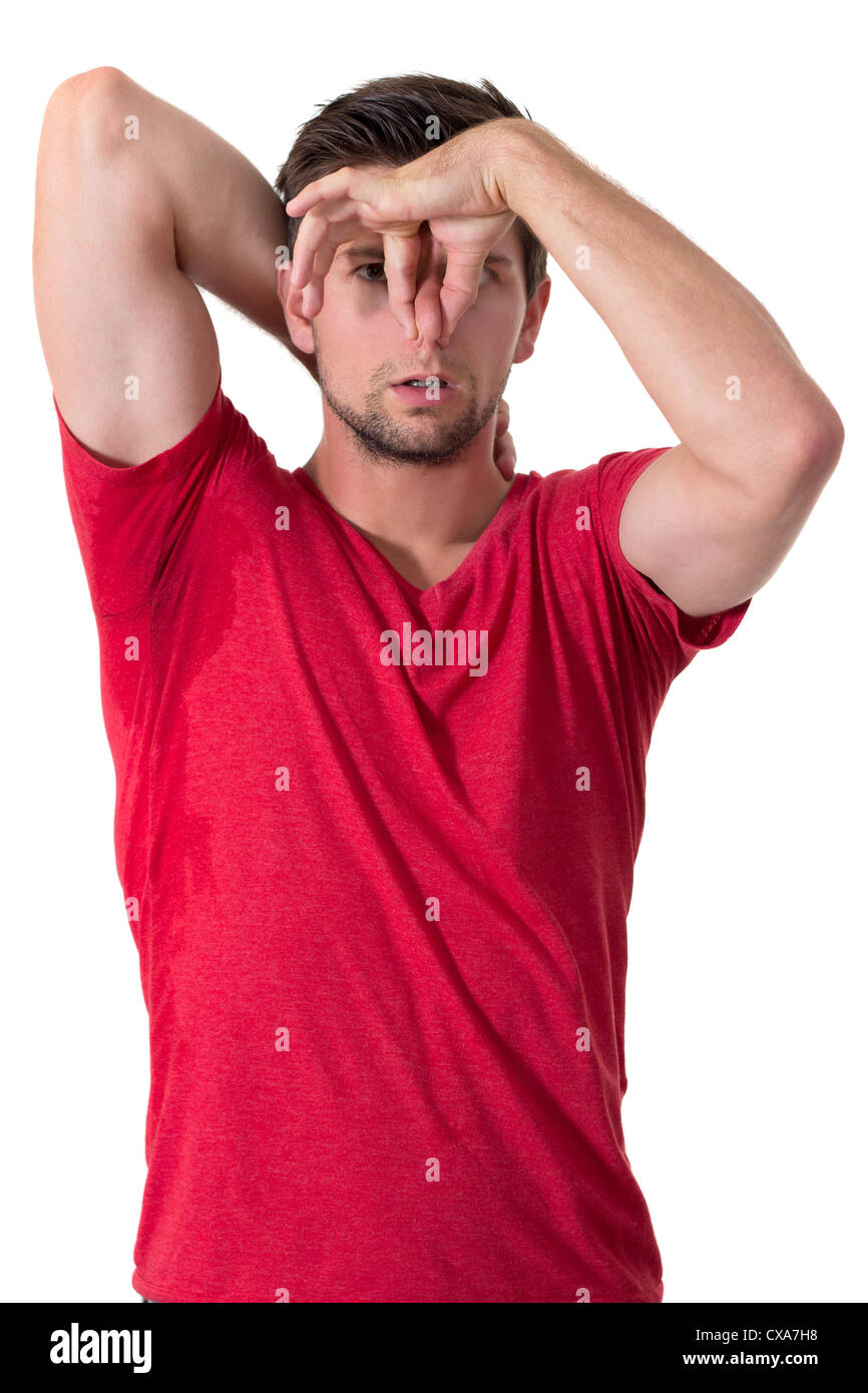 Man with Hyperhidrosis sweating very badly under armpit Stock Photo - Alamy