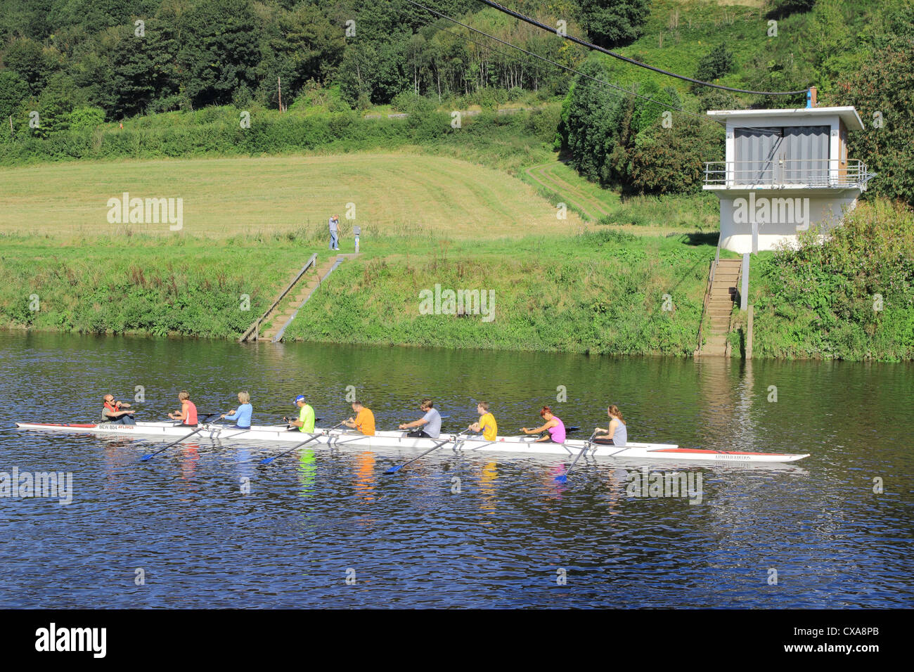 Eight Sculls Rowing Along the River Severn, Worcestershire, England, UK ...