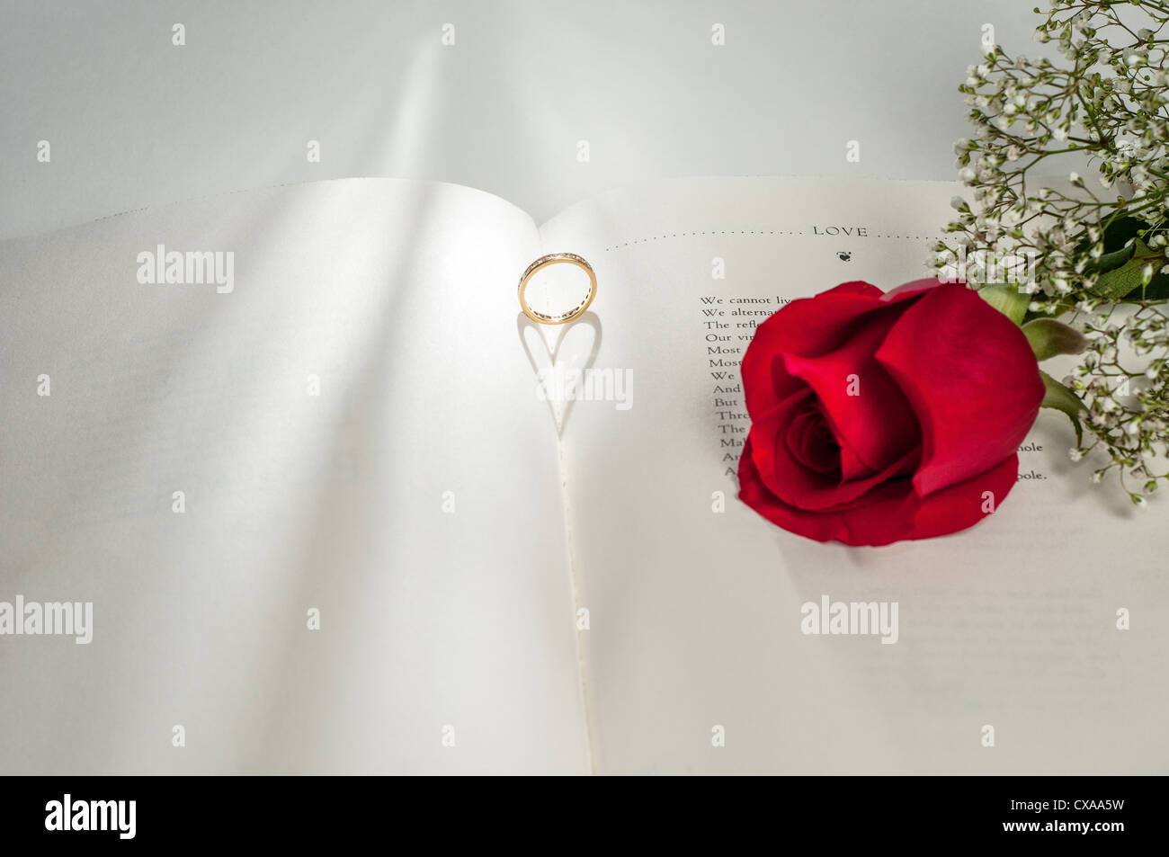 Rose on book of poetry with heart shaped shadow Stock Photo - Alamy