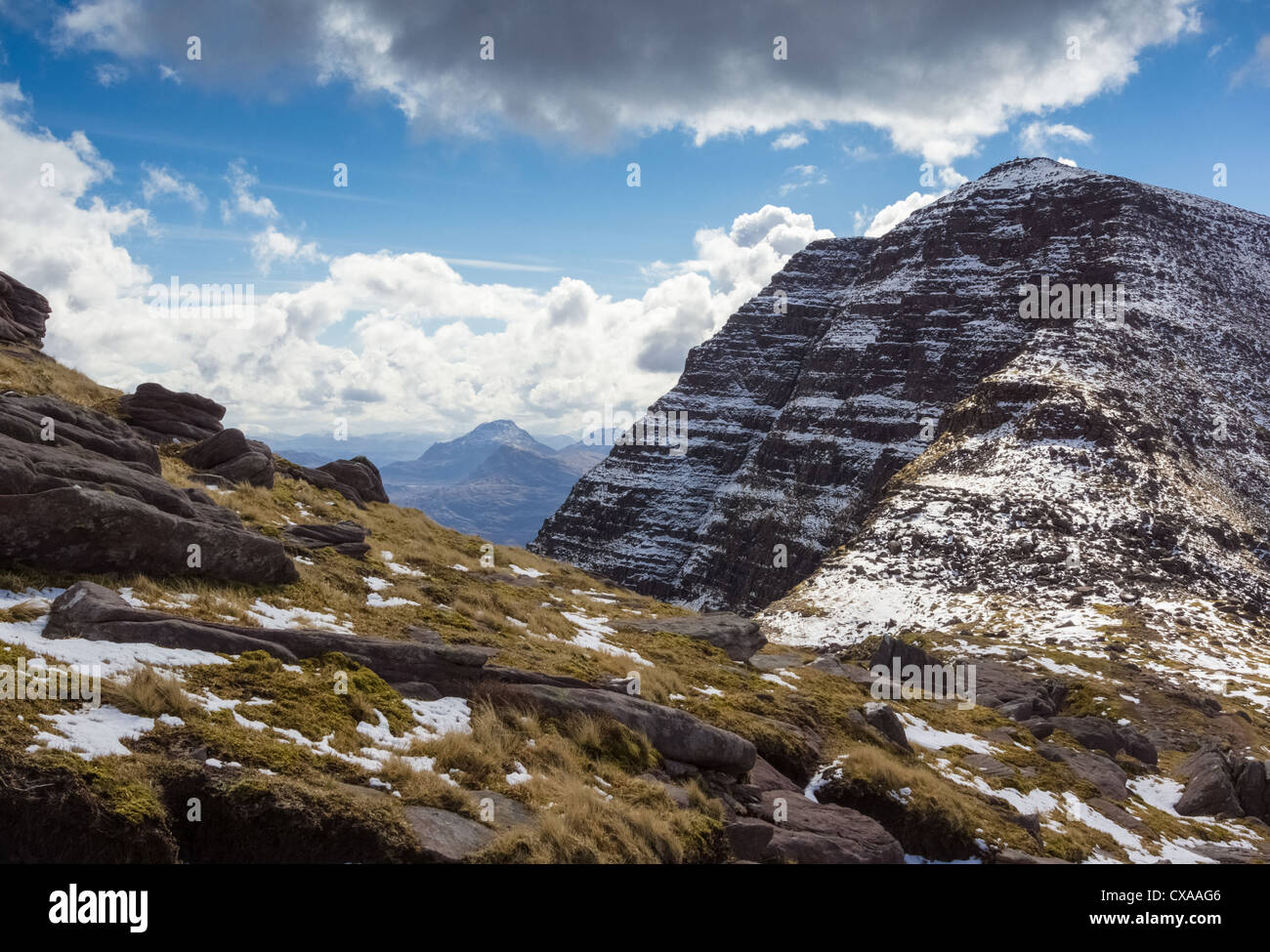 Ben Alligin summits. Looking back at Sgurr Mhor from the base of Na ...