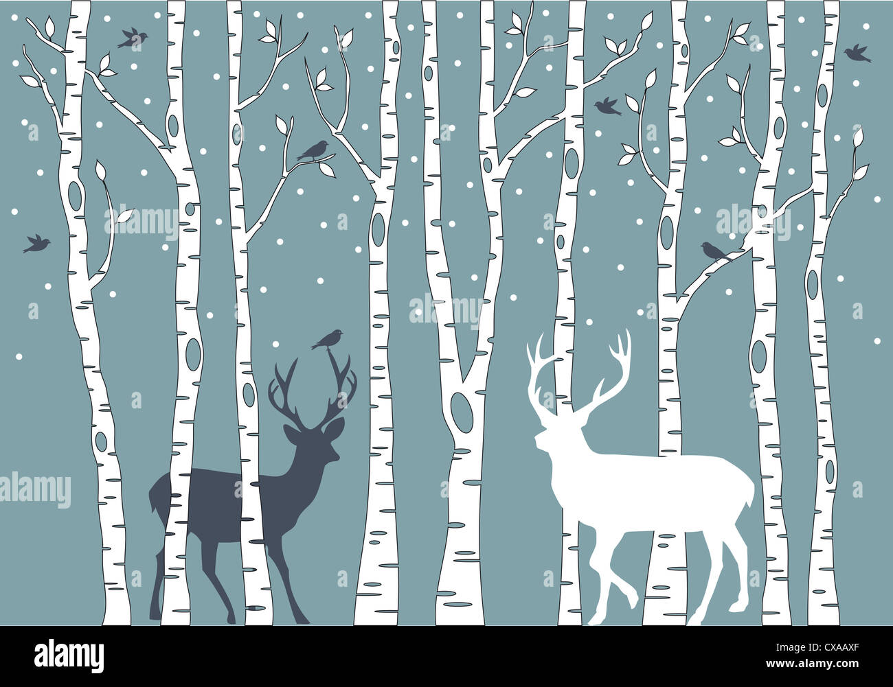 birch trees with birds and deer, vector background illustration Stock ...