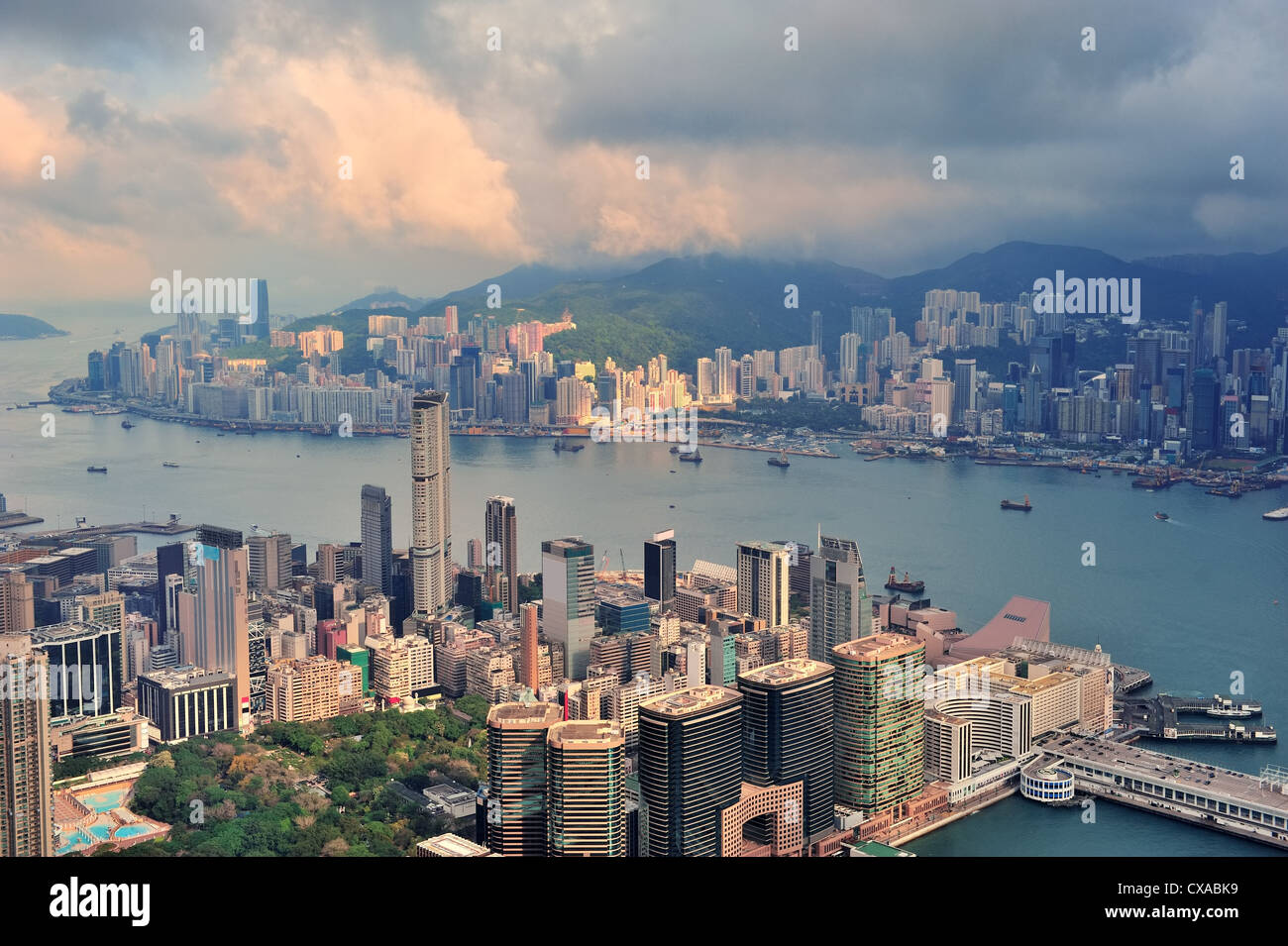Victoria Harbor aerial view and skyline in Hong Kong with urban ...