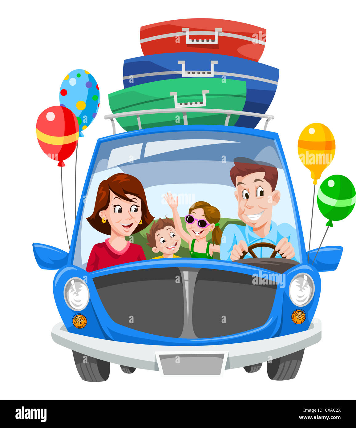Family Vacation, Car with Luggage and Balloons, vector illustration ...