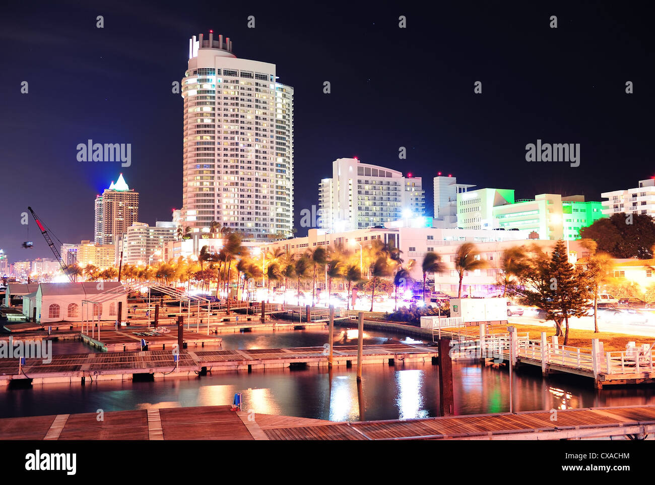 Miami south beach street view with water reflections at night Stock ...