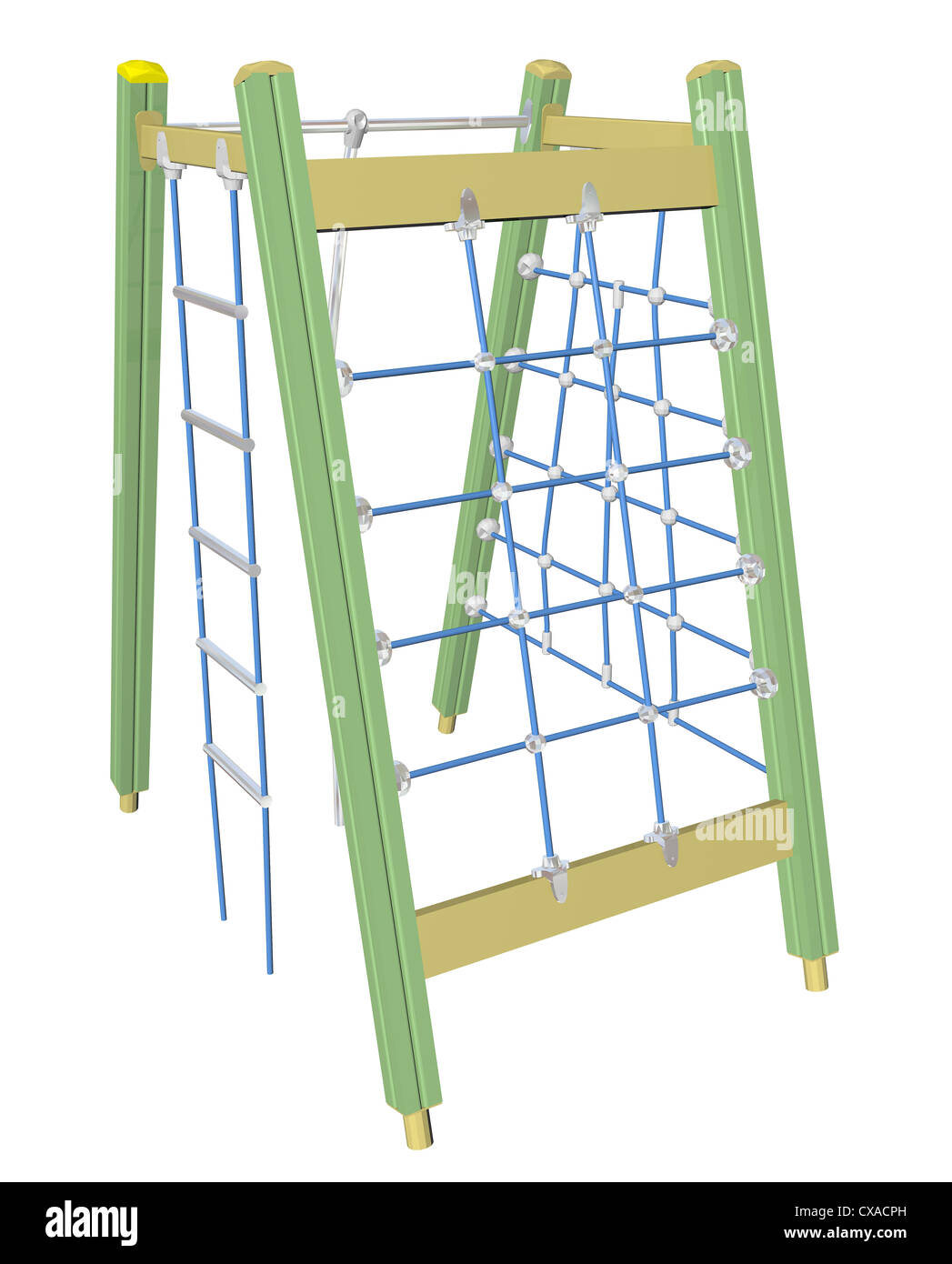 Play and climbing net, yellow green blue, 3D illustration, isolated ...