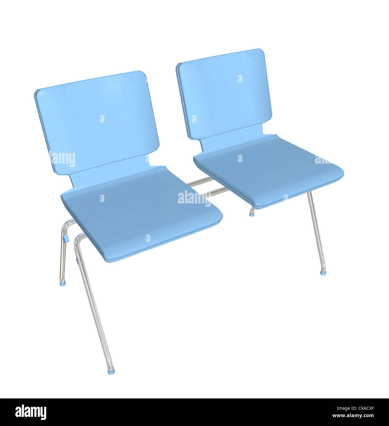 Two-seater stackable plastic chair, blue, metal legs, 3D illustration ...