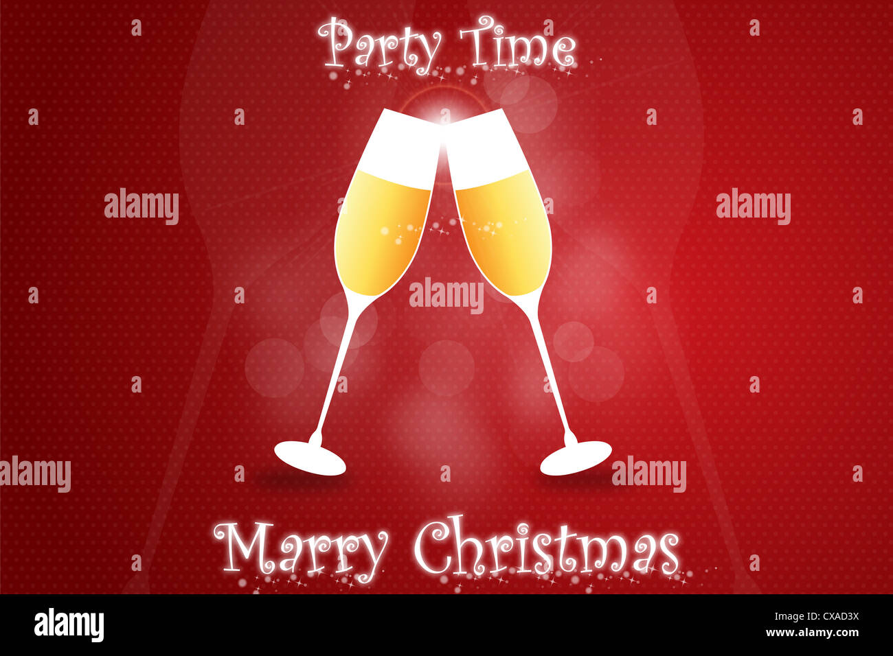 Merry Christmas in red background with party time, wine glasses ...