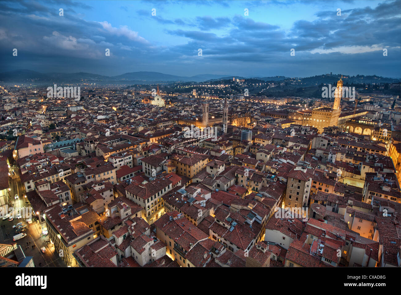 The medieval city of Florence at night, viewed from the top of Giotto's ...