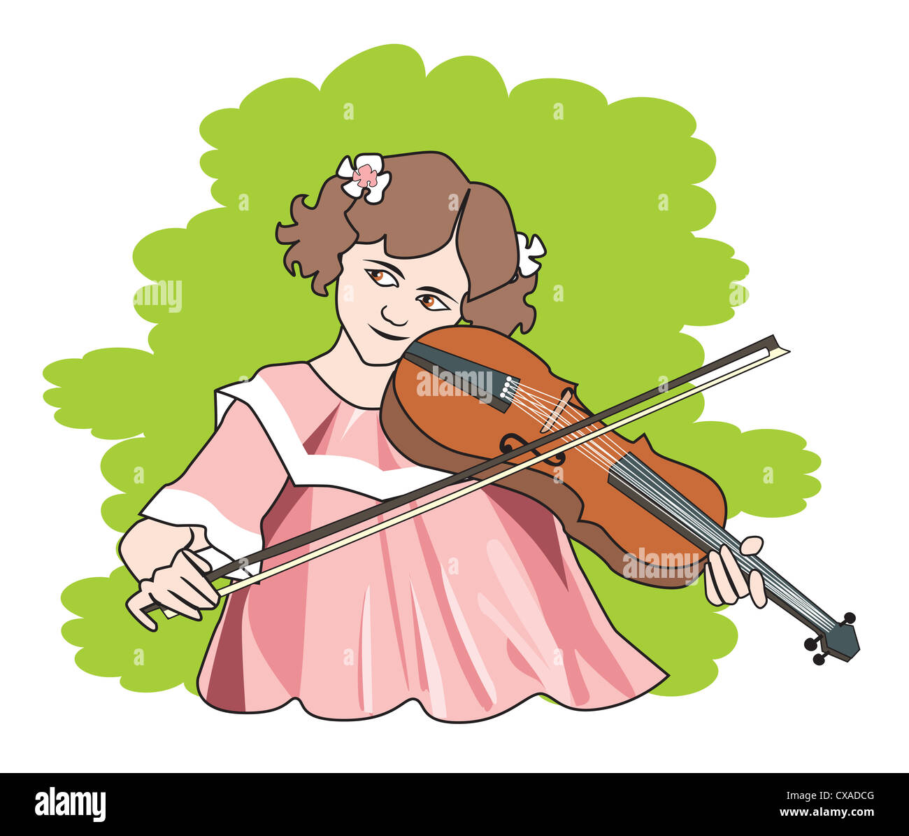 Girl playing the violin, pink dress, with flowers in her hair, vector ...