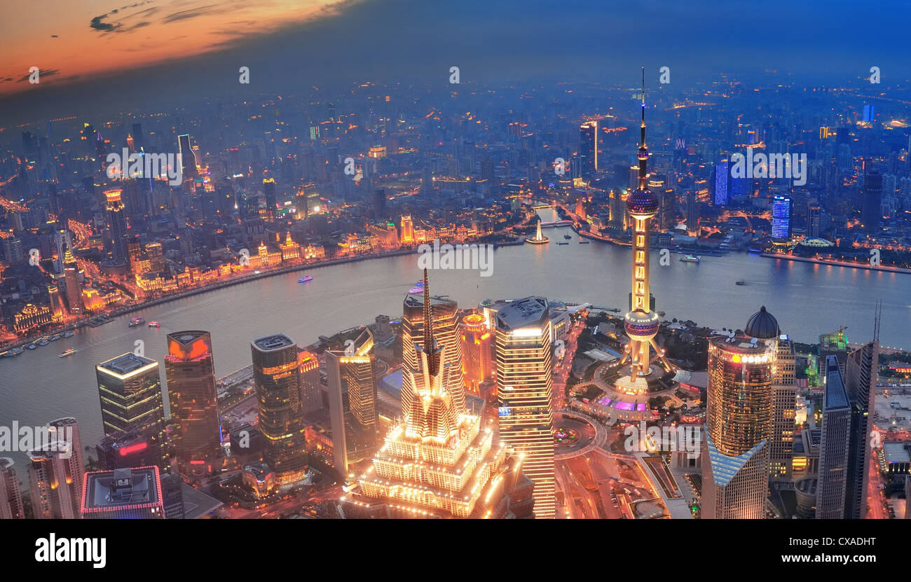 Shanghai sunset aerial view with urban architecture and river Stock ...
